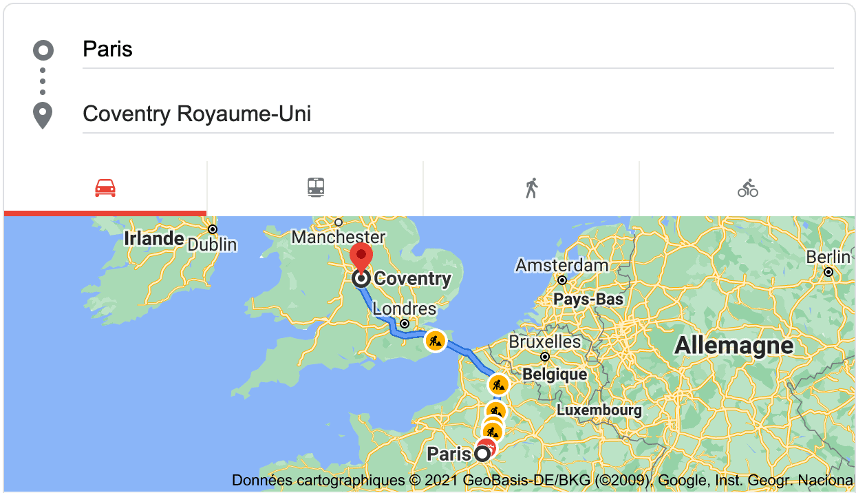 Private transfer from Paris to Coventry with driver and car